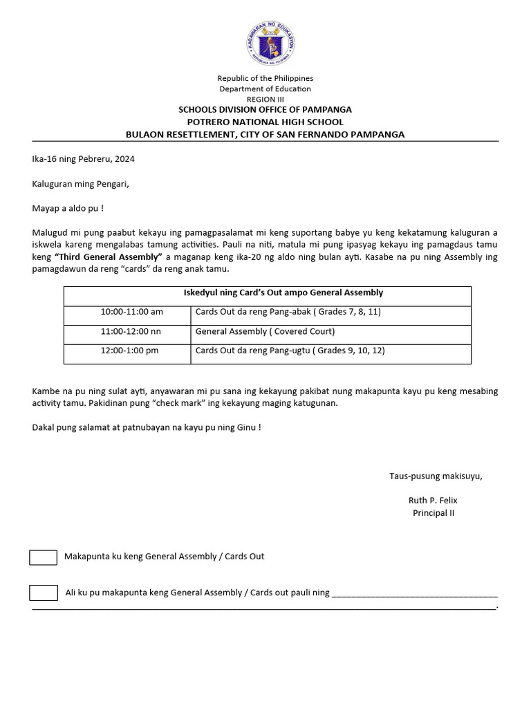Pampanga School General Assembly Notice | PDF