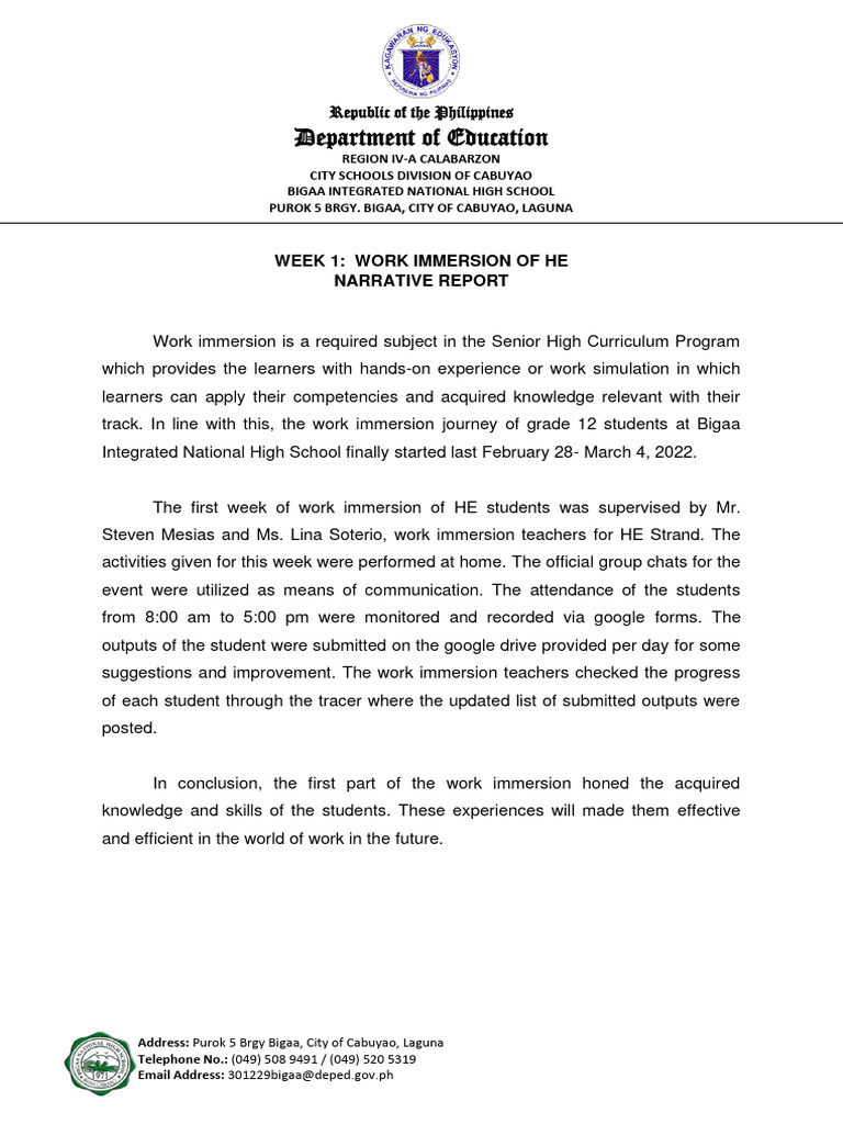 HE Work Immersion Week 1 Report | PDF | Cognition | Behavior Modification