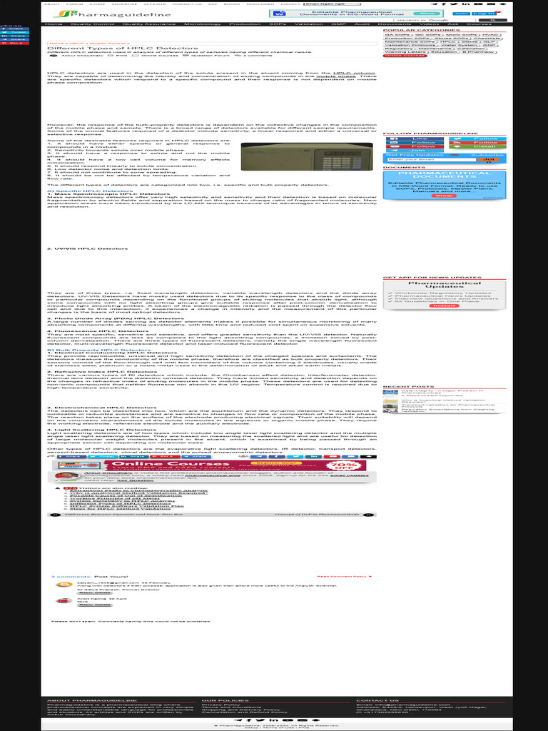 Different Types of HPLC Detectors - Pharmaguideline | PDF | High ...