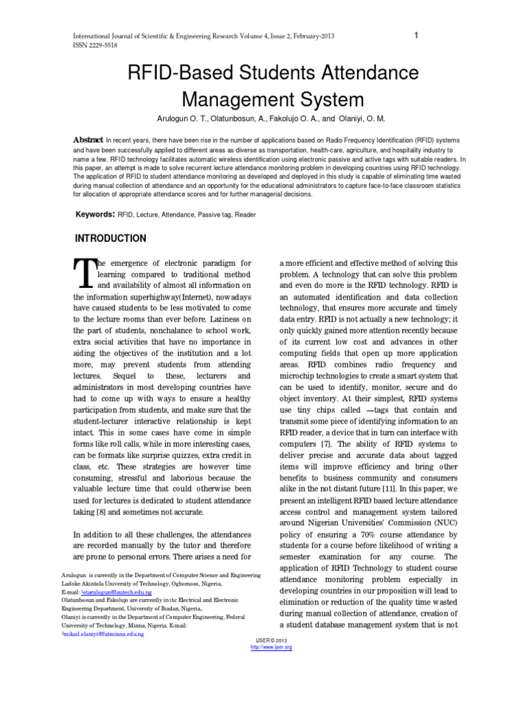 RFID Students Attendance Management Syst | PDF | Radio Frequency ...