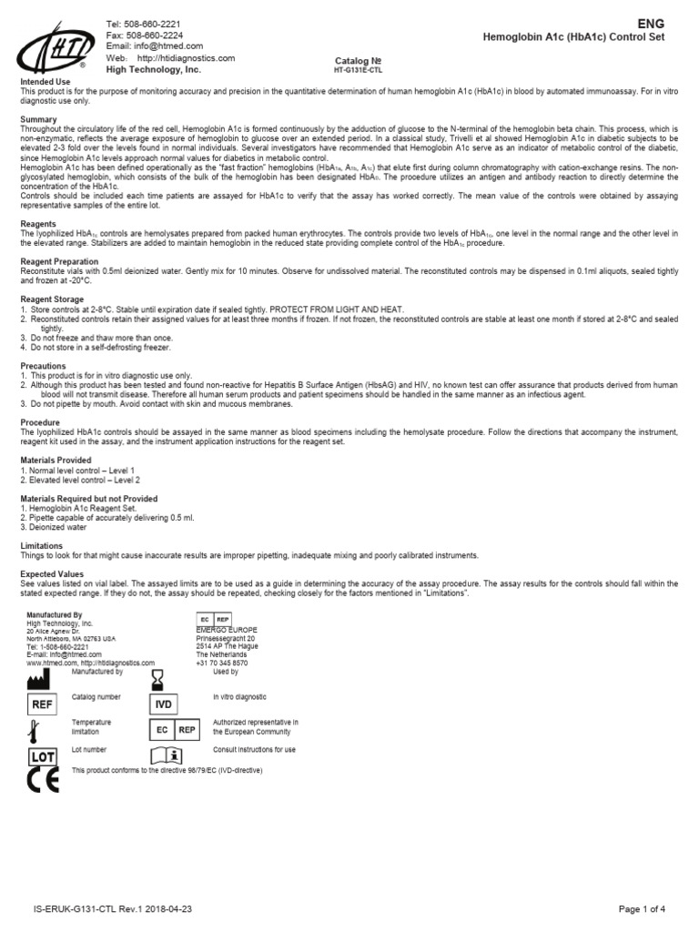 Hemoglobin A1c (HbA1c) Control Set | PDF