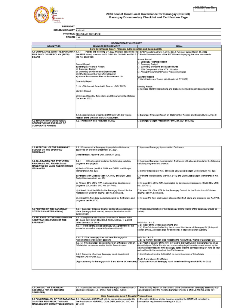 Tadian Barangay Governance Checklist | PDF | Finance & Money Management