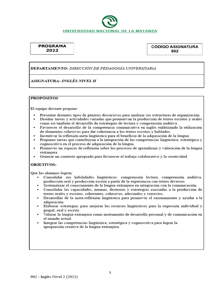 630 0902 PROGRAMA INGLES-NIVEL-II UNLaM | PDF