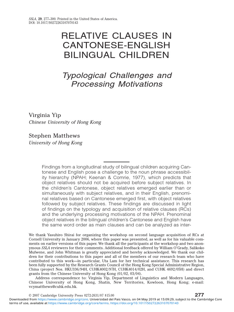 Relative Clauses in Cantoneseenglish Bilingual Children Typological Challenges and Processing ...