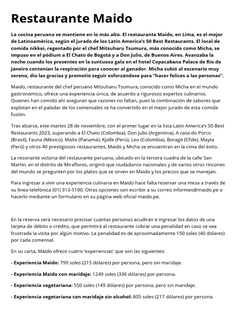 Restaurante Maido | PDF | Perú | Preparación de comida y bebida