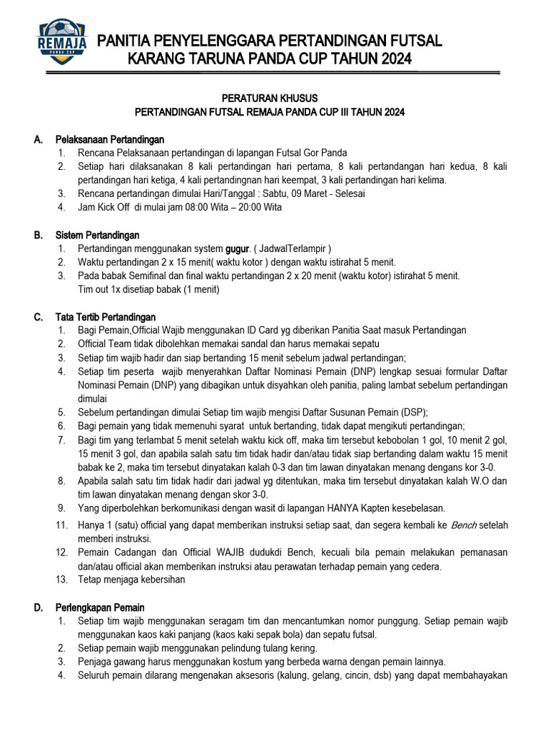 Peraturan Futsal Remaja Panda Iii Cup 2024 | PDF
