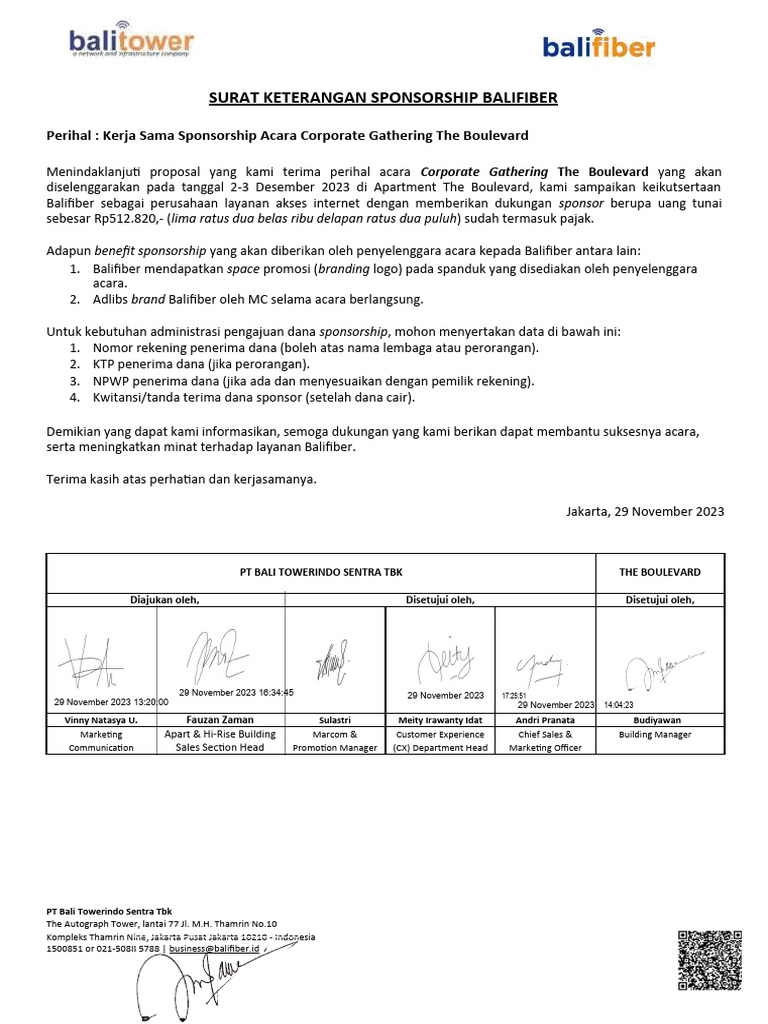Surat Konfirmasi Sponsorship Acara Tenant Gathering Apt The Boulevard - Signed | PDF
