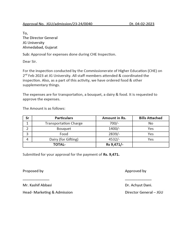 Approval Request for CHE Inspection Expenses | PDF | Wellness