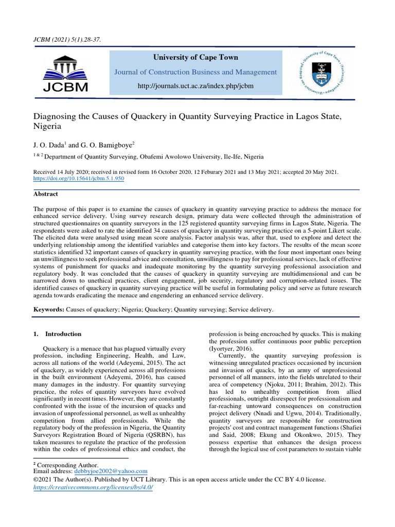 Diagnosing The Causes of Quackery in Quantity Surv | Download Free PDF | Factor Analysis | Variance