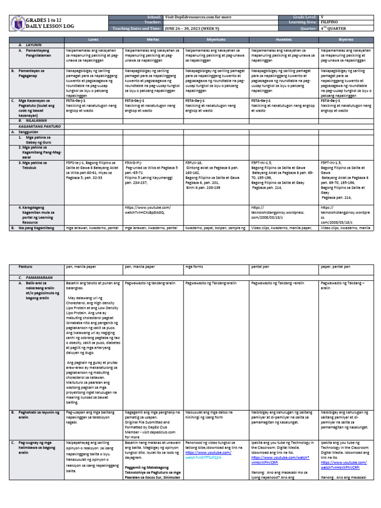 DLL_FILIPINO 5_Q4_W9 | PDF