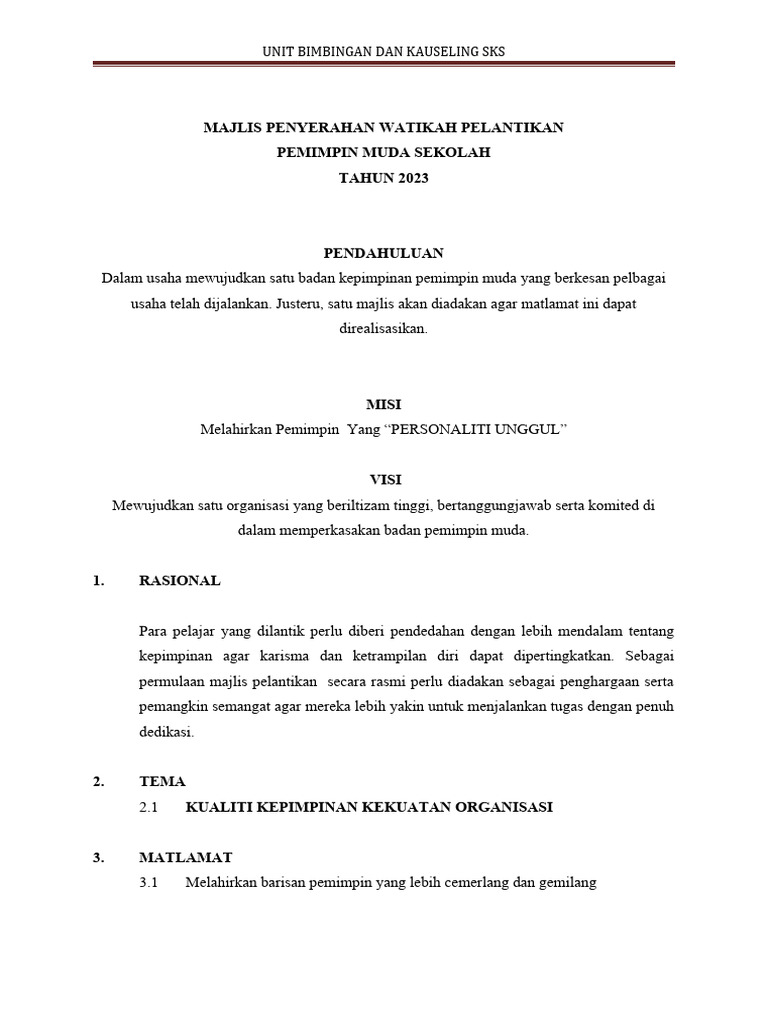 Kertas Kerja Pelantikan Pemimpin Muda Sekolah | PDF