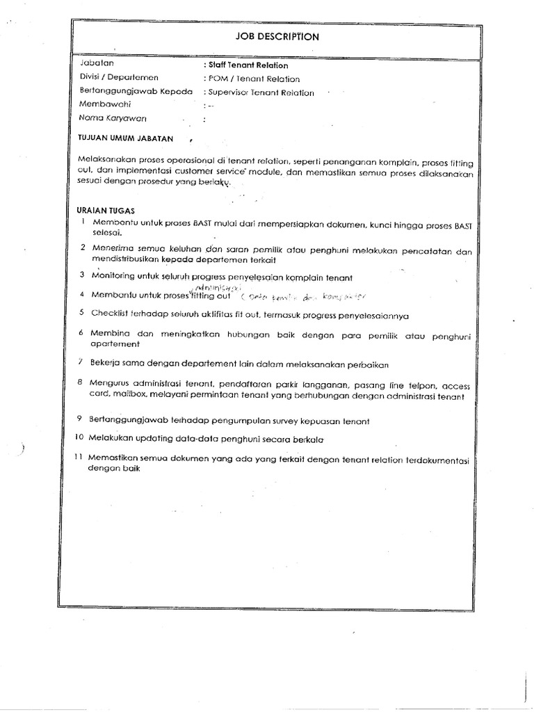 Job Desk Staff Tenant Relation | PDF