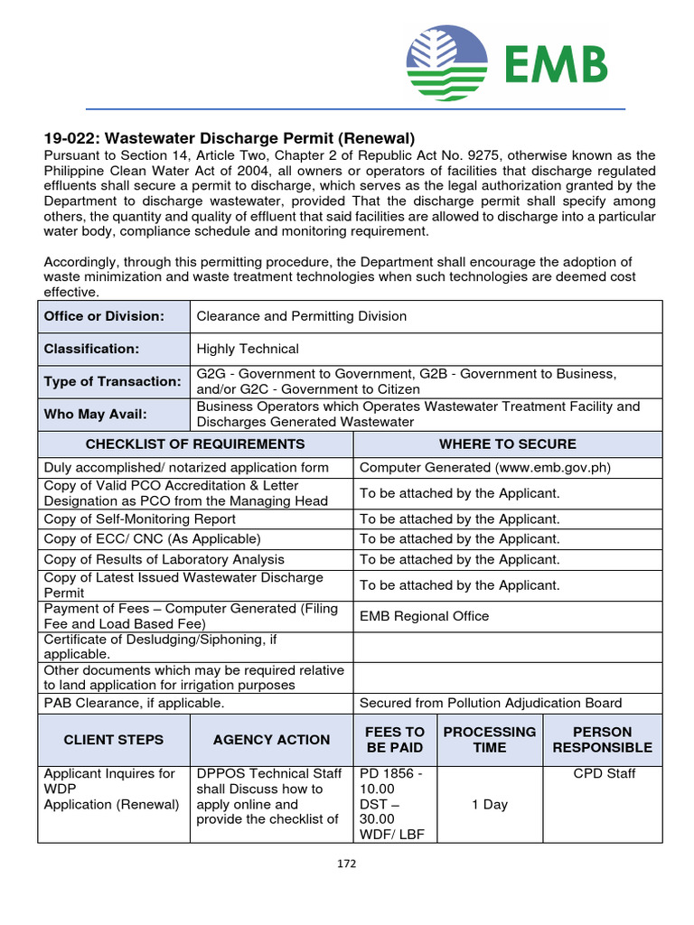 EMB Wastewaster Discharge Permit Renewal | PDF