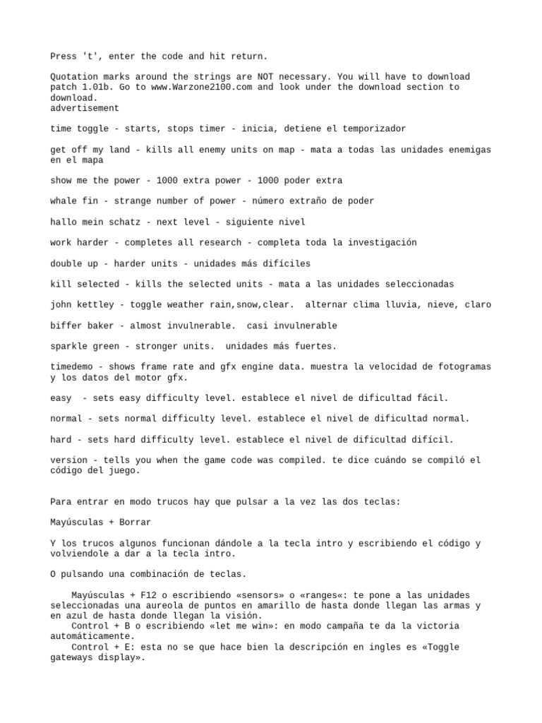 Warzone 2100 Cheats | PDF | Diseño de videojuegos | Diseño de juego