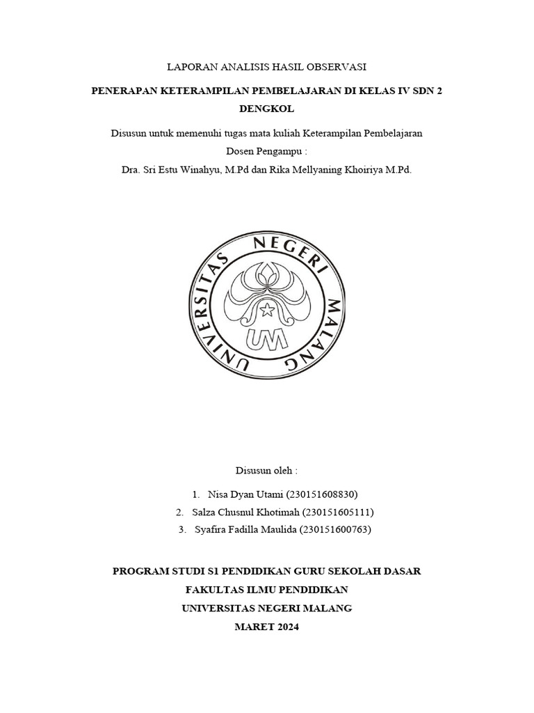 Laporan Hasil Observasi Keterampilan Pendidikan Di Kelas IV SDN 2 ...