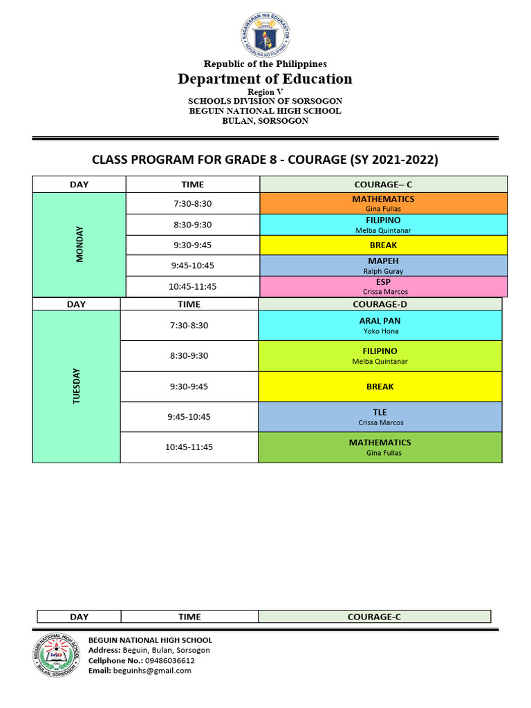 Class Program For Grade8 Courage 1 | PDF