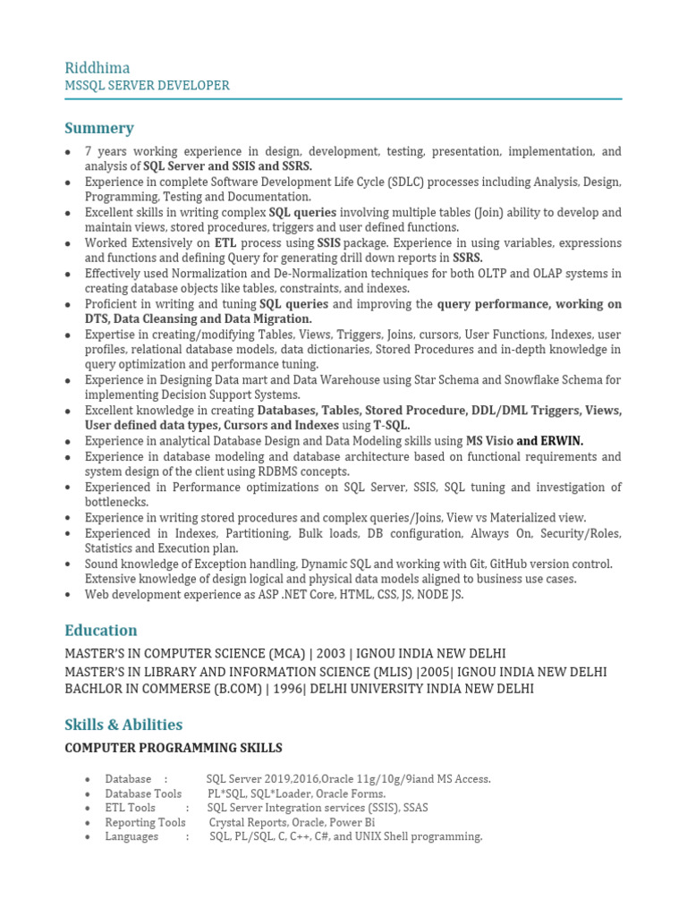 MSSQL Server Developer Resume | PDF | Microsoft Sql Server | Databases