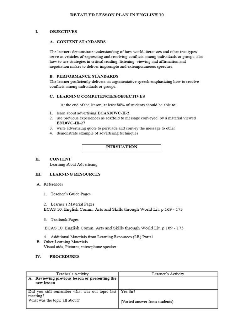 Grade 10 Advertising Lesson Plan | PDF | Lesson Plan | Advertising