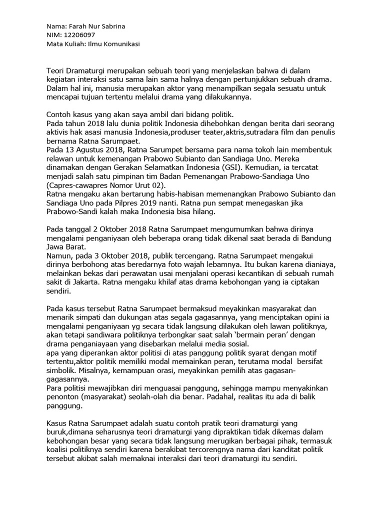 Analisis Contoh Teori Dramaturgi - Tugas Individu | PDF