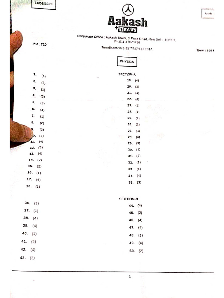 Aakash TE 01 ( TYM 2025 ) key | PDF