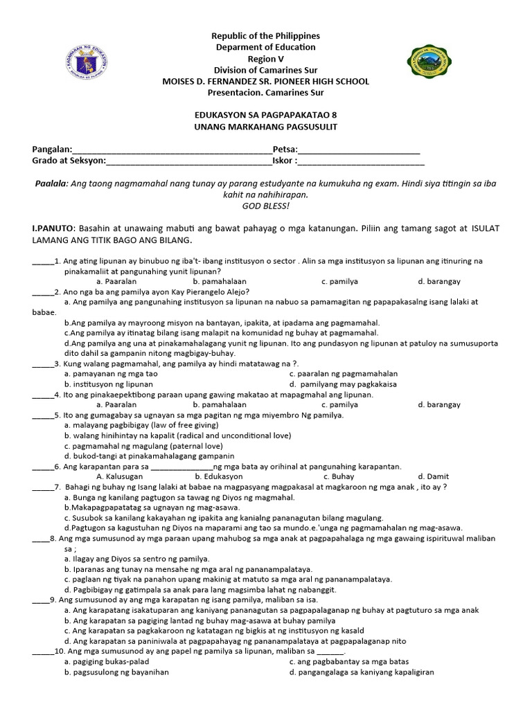 1st grading exam, ESP | PDF