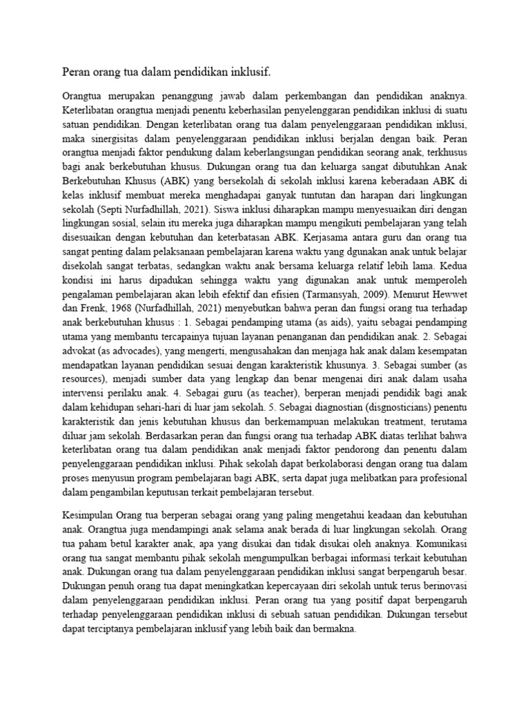 Peran Orang Tua PDDK Inklusif | PDF