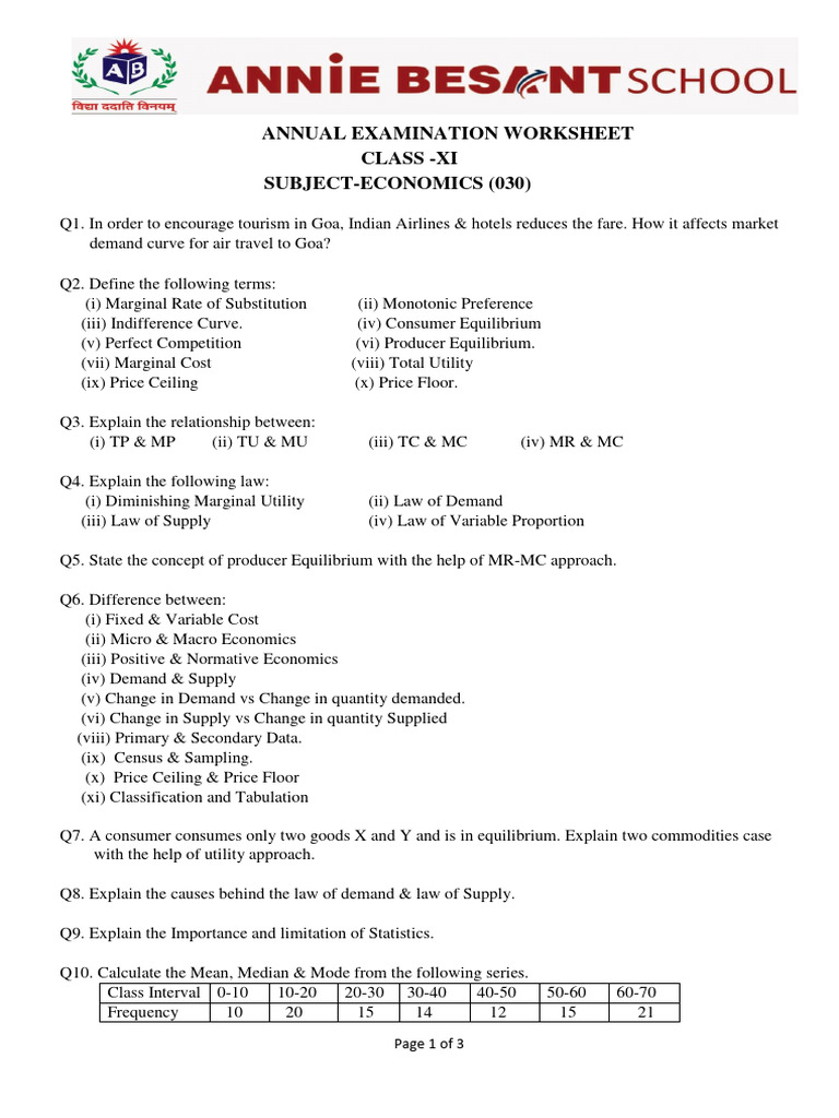 Class XI Economics Exam Worksheet | PDF | Demand | Economic Equilibrium