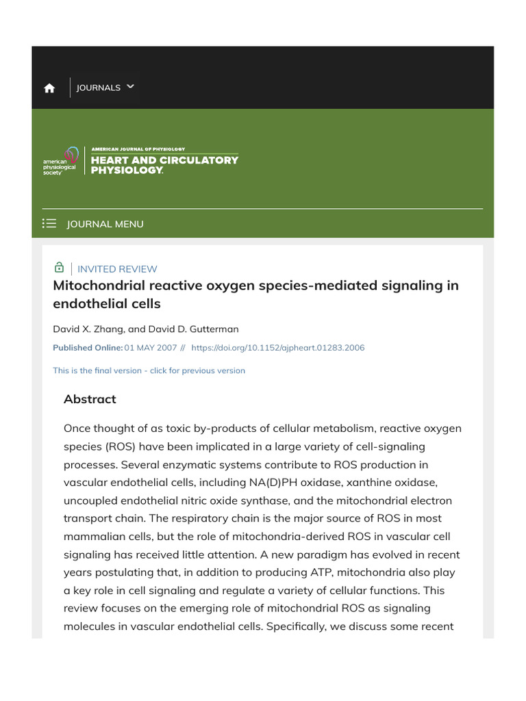 Mitochondrial Reactive Oxygen Species-Mediated Signaling in Endothelial ...