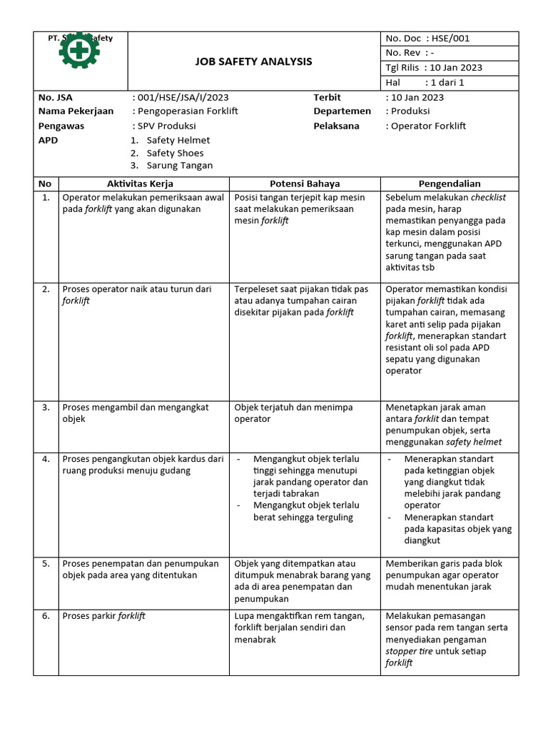 Analisis Keselamatan Forklift JSA | PDF