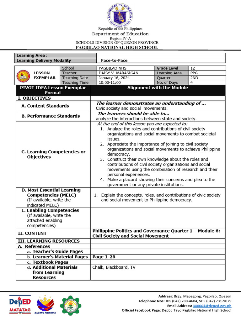 Sample Lesson Plan Civic Society and Social Movement-1 | PDF