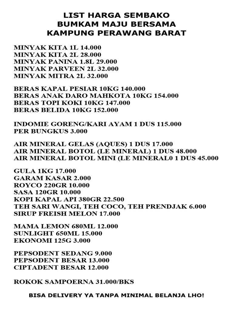 List Harga Sembako | PDF | Memasak, Makanan, & Anggur | Teknologi ...
