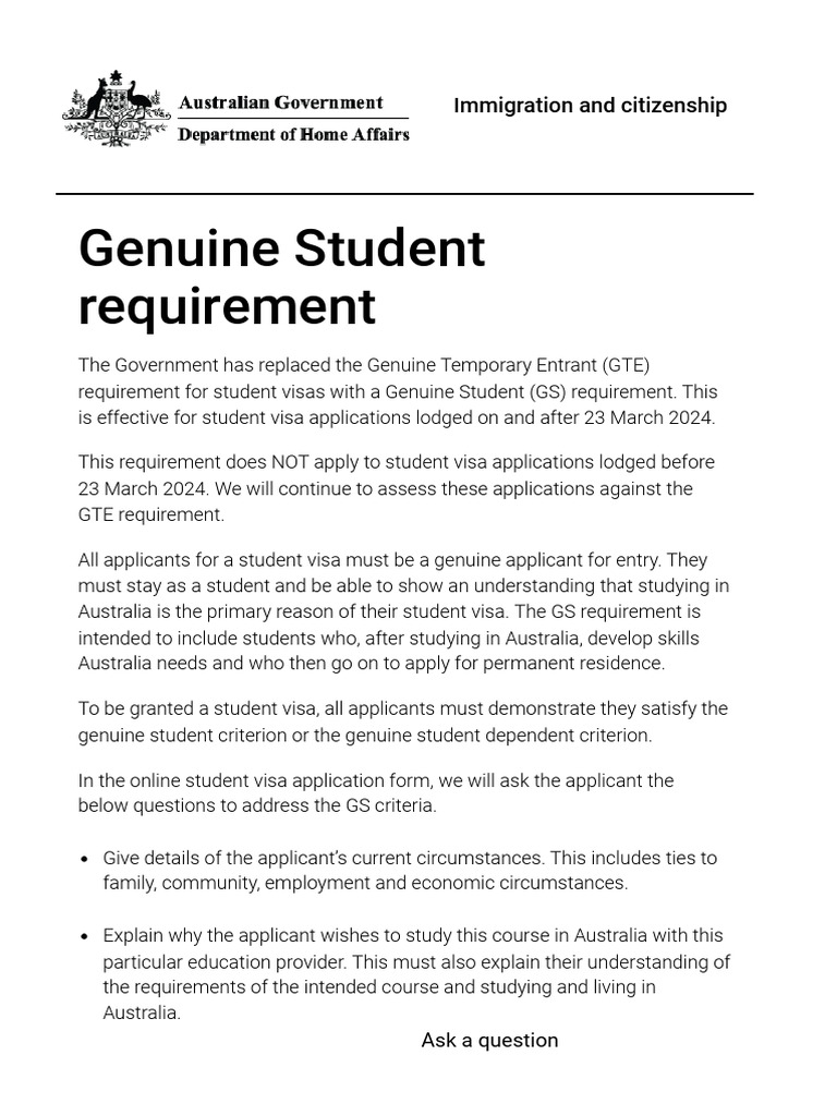 Genuine Student Requirement | PDF | Travel Visa