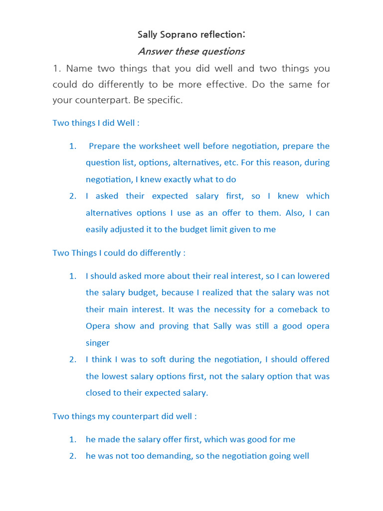 Sally Soprano reflection | PDF | Salary | Negotiation