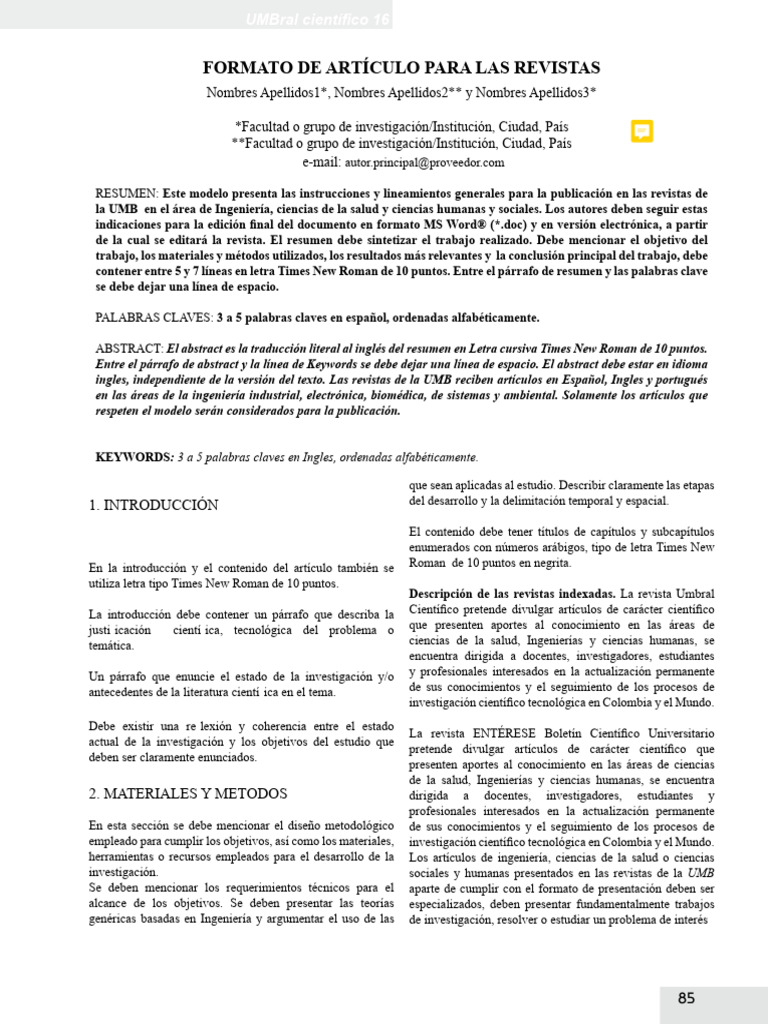 Formato de paper | PDF | Sumario abstracto) | Publicación Académica