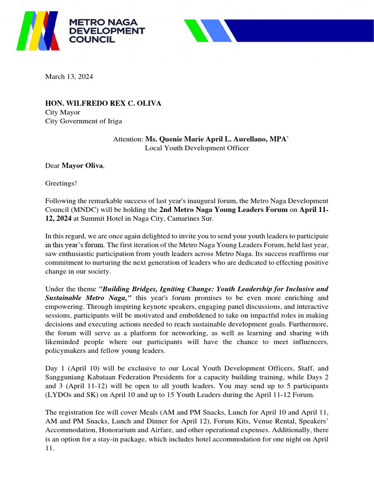 Letter To LGU Mayors - 2nd Metro Naga Young Leaders Forum | PDF ...