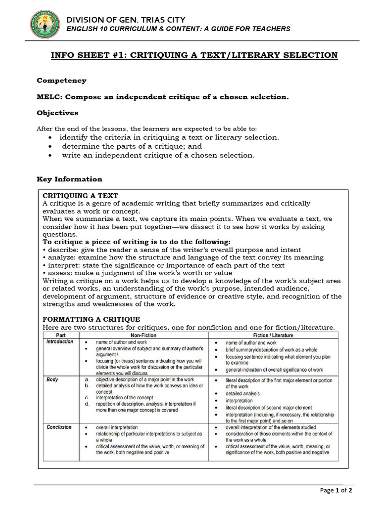 INFO-SHEET-G10-Q3-LESSON-1-CRTIQUING-A-TEXT-1 (1) | PDF