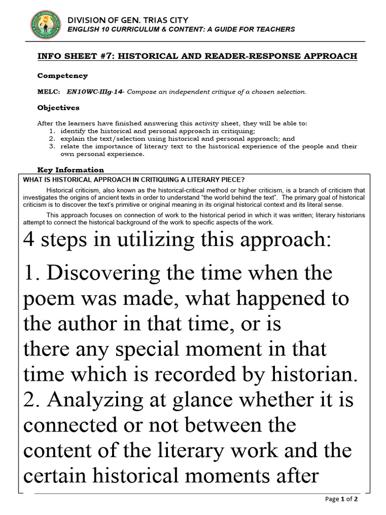 Info Sheet g10 QRTR 3 Lesson 7 Histo Reader Response 1 | PDF | Thought | Cognition