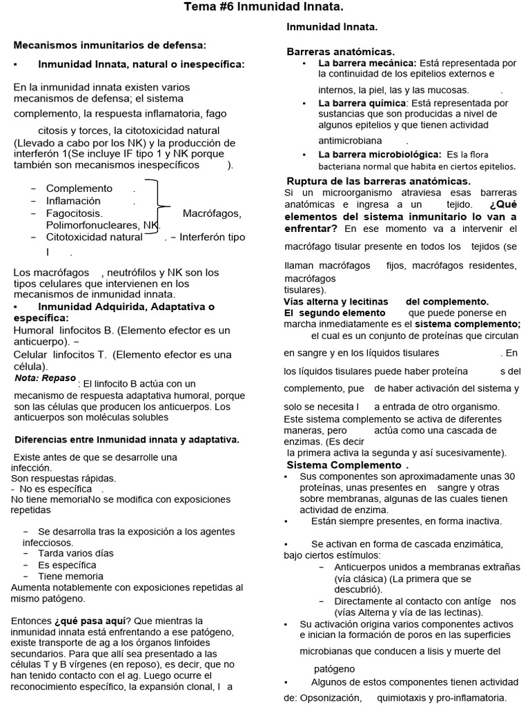 Inmunología - Tema 6 Inmunidad Innata | PDF | Sistema inmune | Sistema complementario