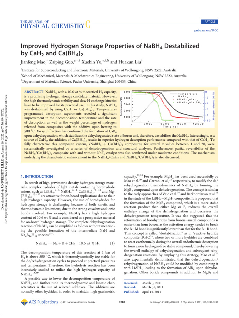 Improved Hydrogen Storage Properties of NaBH4 Destabilized by CaH2 and ...