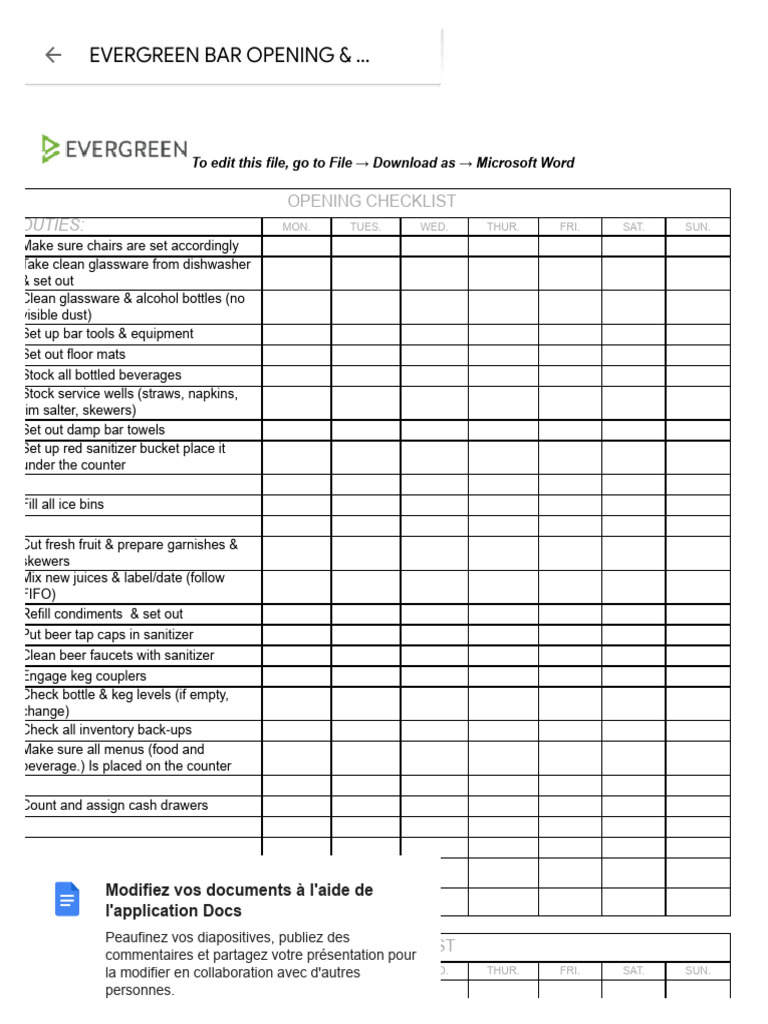 Bar Opening and Closing Checklist | PDF | Cooking, Food & Wine | Home ...