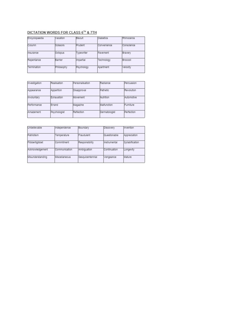 Dictation Words For Class 6TH & 7TH | PDF | Young Adult