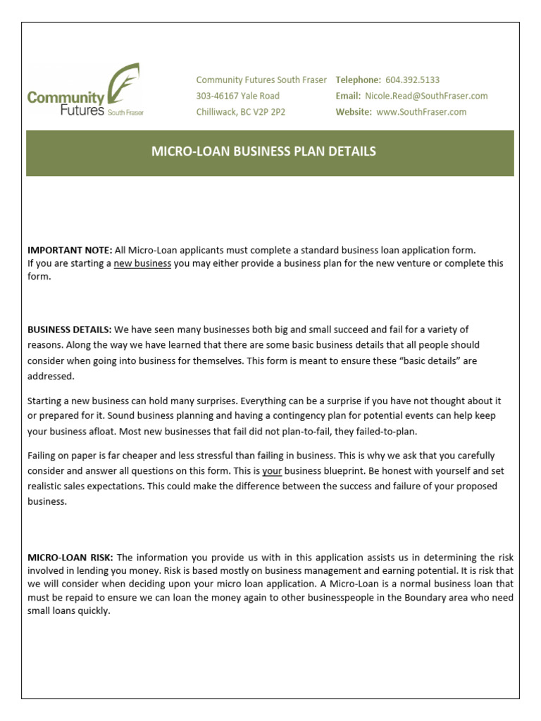 MICRO Loan Business Plan Details Form | Download Free PDF | Microcredit ...