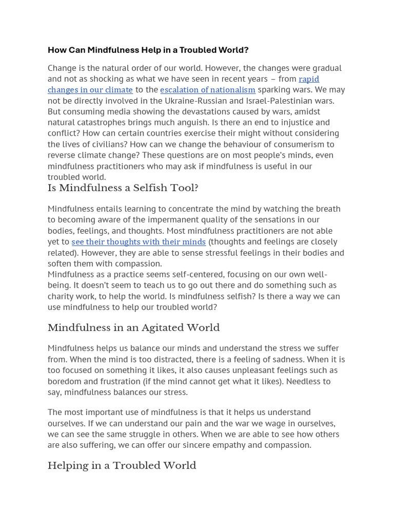 How Can Mindfulness Help in A Troubled World | PDF | Mindfulness ...