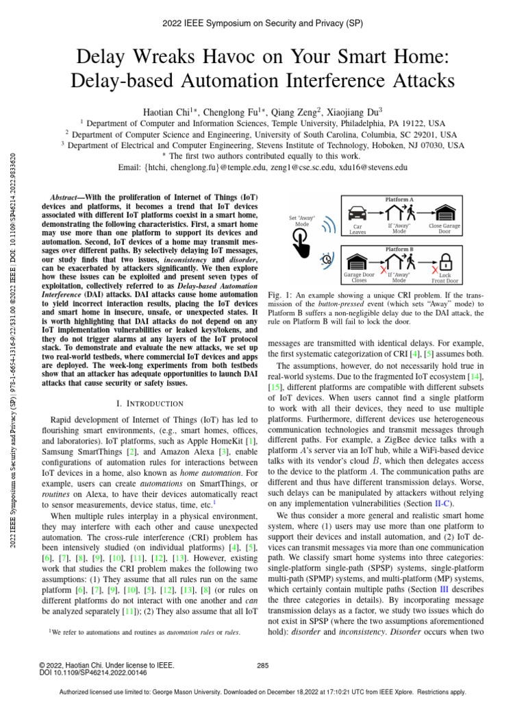 Delay Wreaks Havoc On Your Smart Home: Delay-Based Automation Interference Attacks | PDF ...