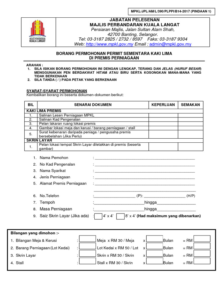 Borang Permit Kaki Lima 0 | PDF
