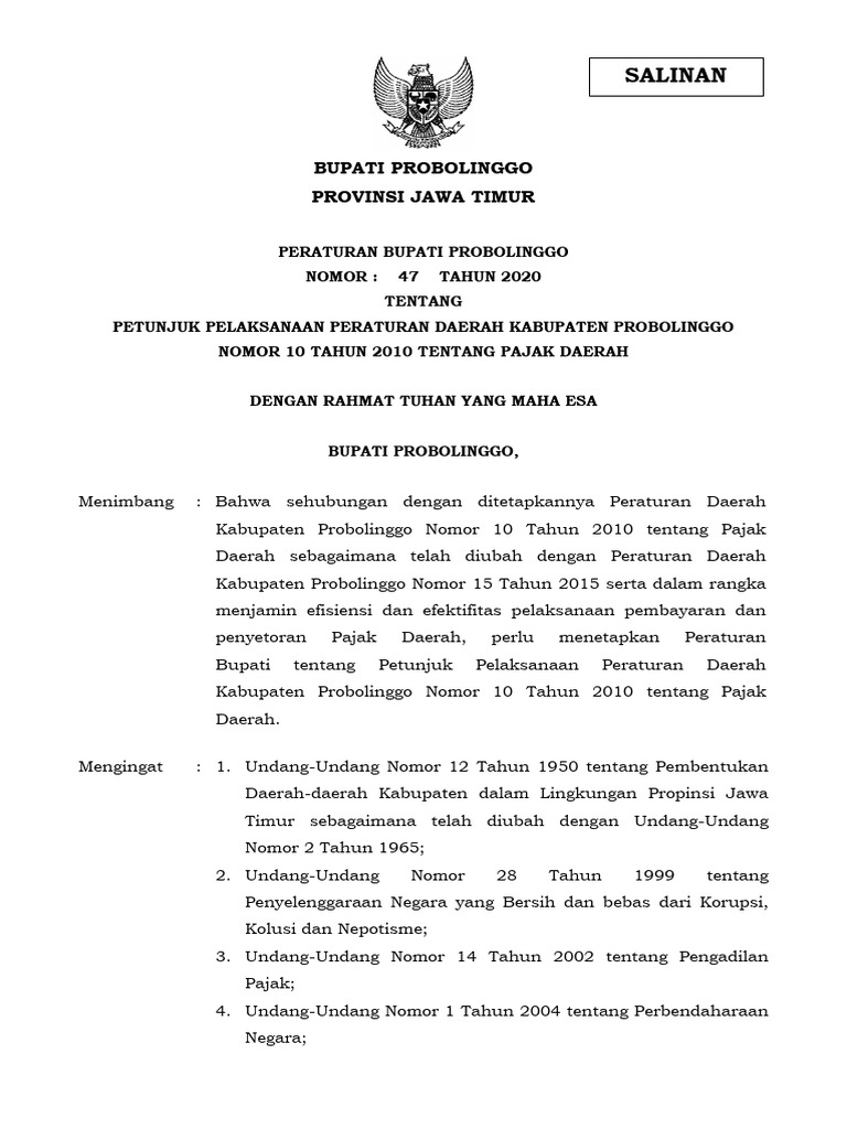 Perbup Nomor 47 Tahun 2020 Tentang Petunjuk Pelaksanaan Perda Kab. Prob. Nomor 10 Ta.2020 ...
