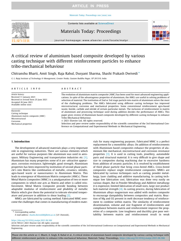 Materials Today: Proceedings: Chitranshu Bharti, Amit Singh, Raja Rahul ...