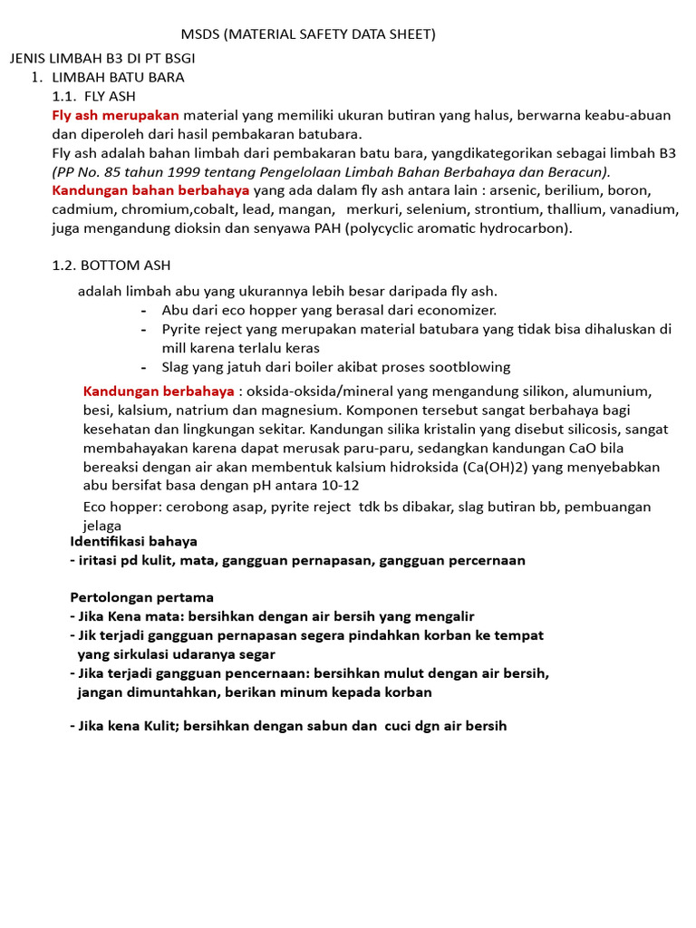 MSDS Limbah B3: Fly Ash dan Bottom Ash | PDF