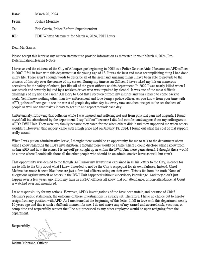 APD Officer Joshua Montano's Resignation Letter | PDF