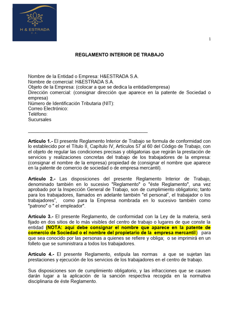 Modelo de REGLAMENTO - INTERIOR - DE - TRABAJO | PDF | Salario | Derecho laboral